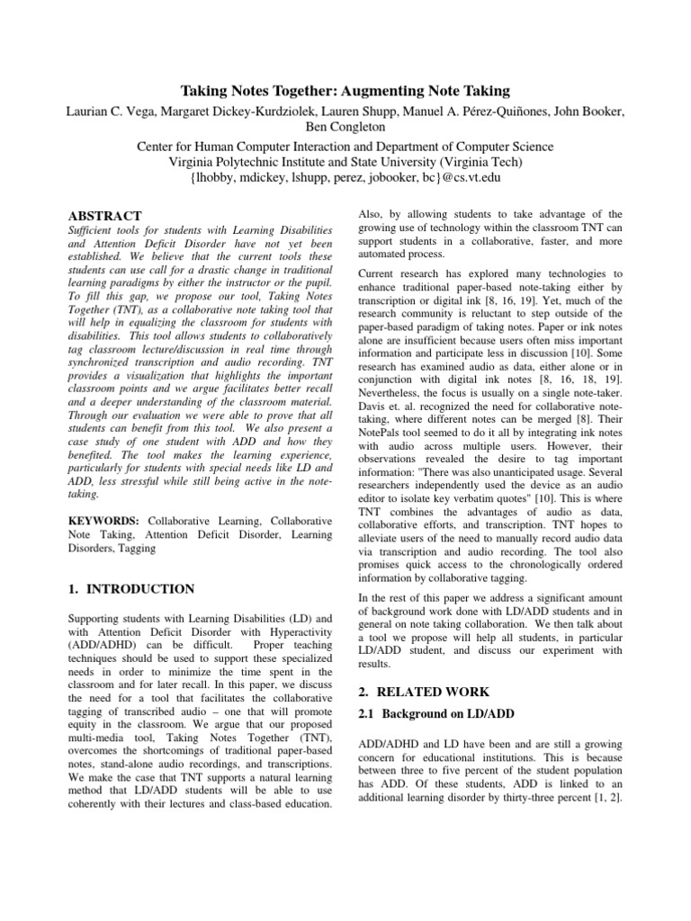 Taking Notes Together: Augmenting Note Taking | PDF | Attention Deficit ...