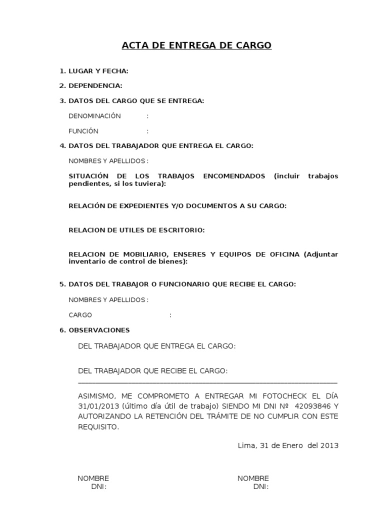 Acta De Entrega De Cargo 1 - Riset Acta De Entrega De Cargo 1 - Riset