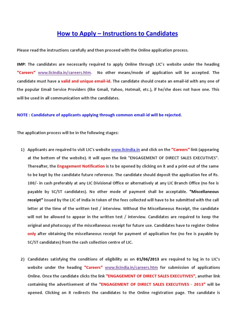 How To Apply - Instructions To Candidates: WWW - Licindia.in/careers ...
