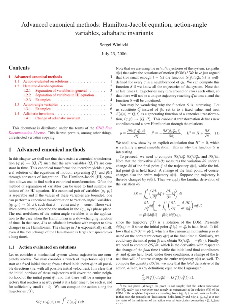 Advanced Canonical Methods Hamilton Jacobi Equation Action Angle | PDF ...