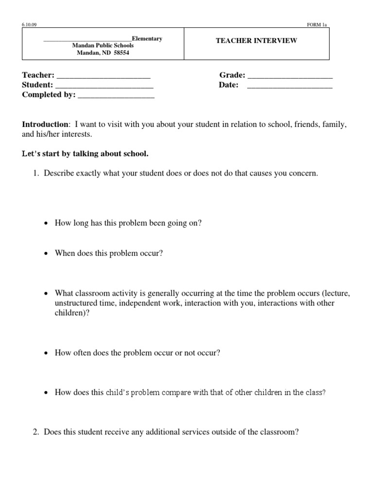 Teacher Interview Form 1a-09.6.10 | PDF | Psychological Concepts | Learning