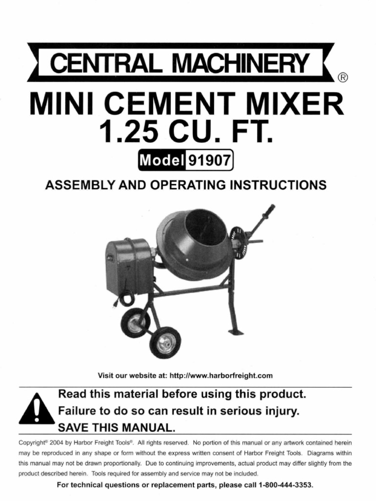 Mini Cement Mixer 1.25 Cu - Ft. Model 91907 PDF | PDF | Nut (Hardware ...