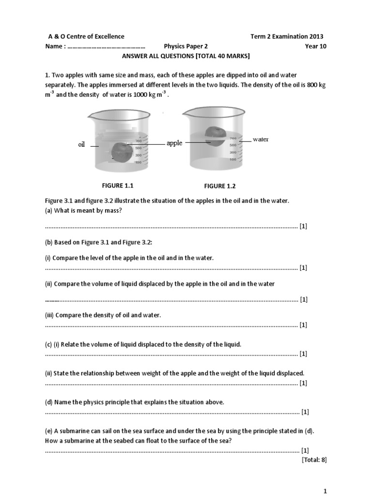 Physics Y10 Term 2 Exam Paper2 | Density | Mass