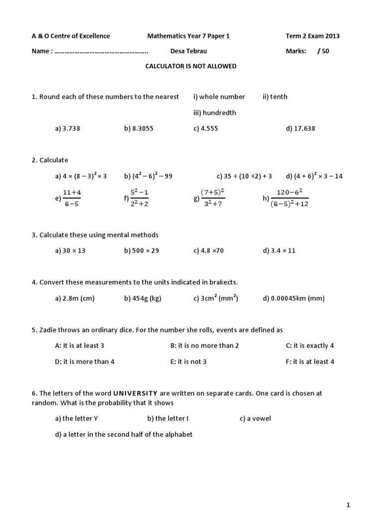 Maths P1 Y7 Term 1 Exam | PDF
