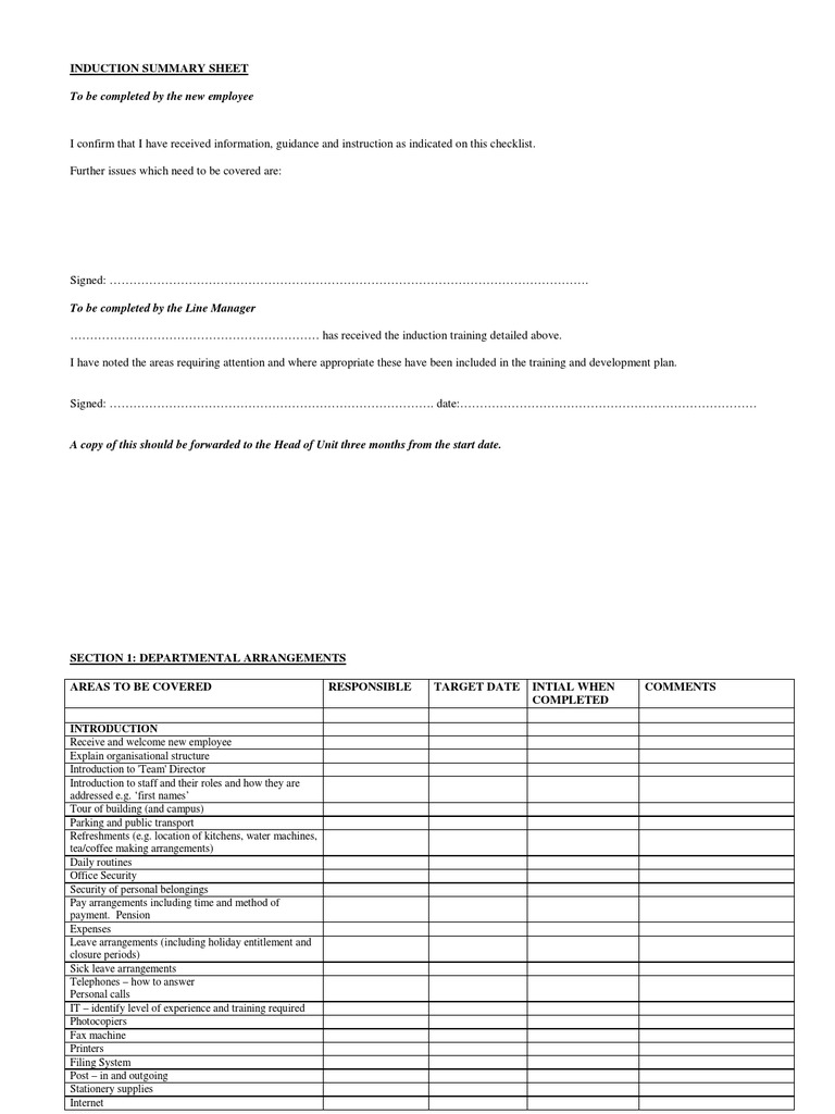 To Be Completed by The New Employee: Induction Summary Sheet | PDF ...