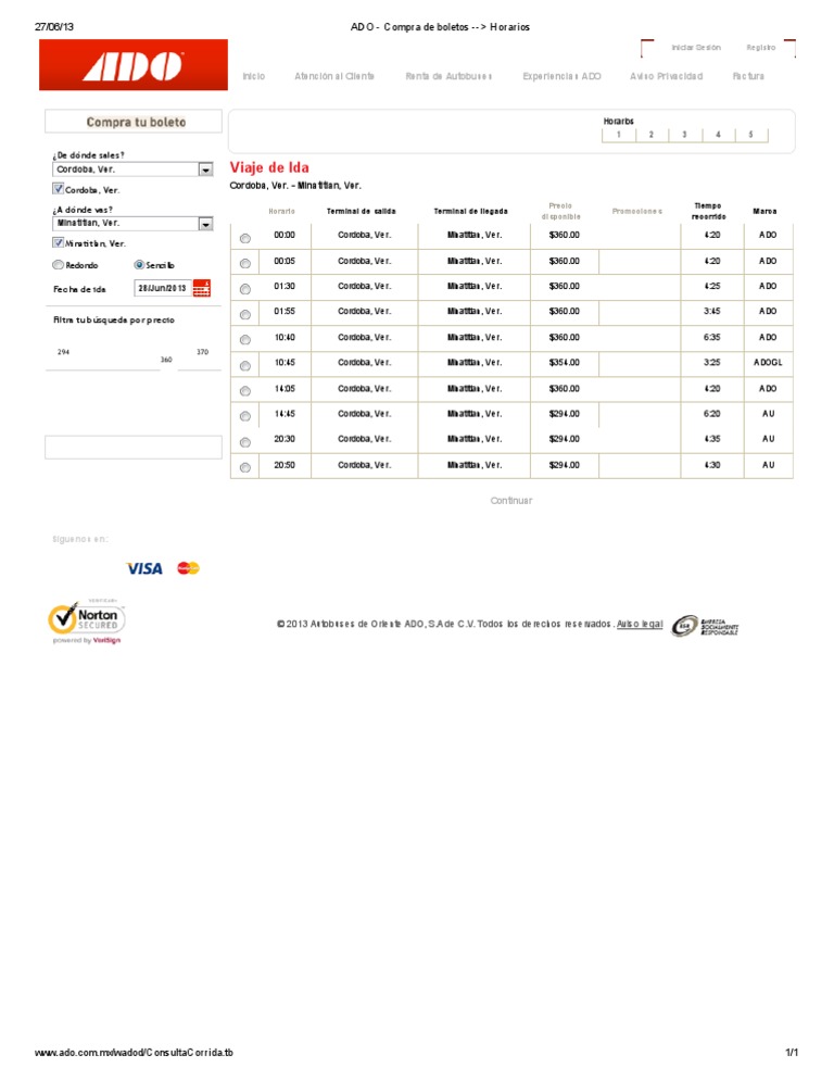 ADO - Compra de Boletos - Horarios Cor - Min | PDF