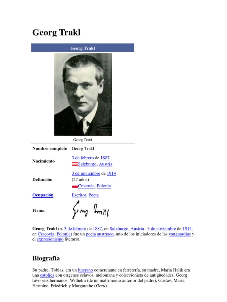 Biografía de Georg Trakl, poeta austríaco | PDF