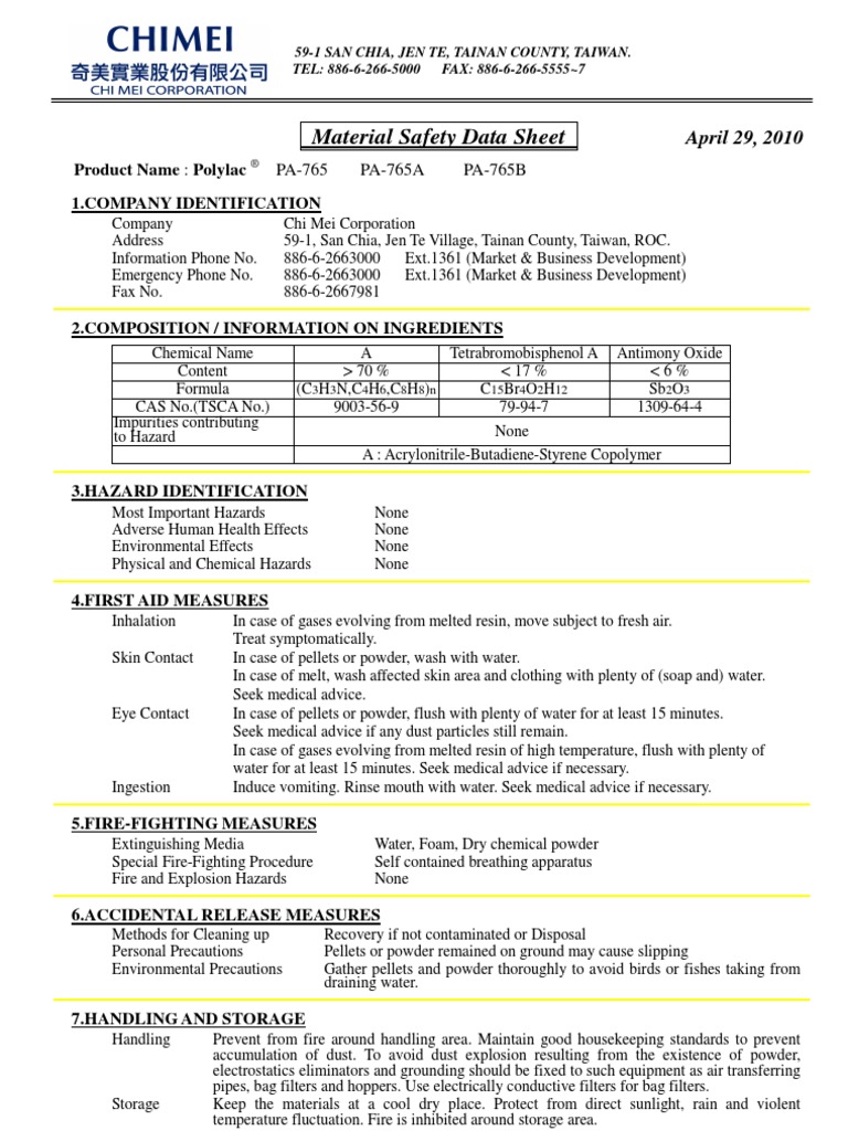 Msds Polylac Pa-765 | PDF | Housekeeping | Water