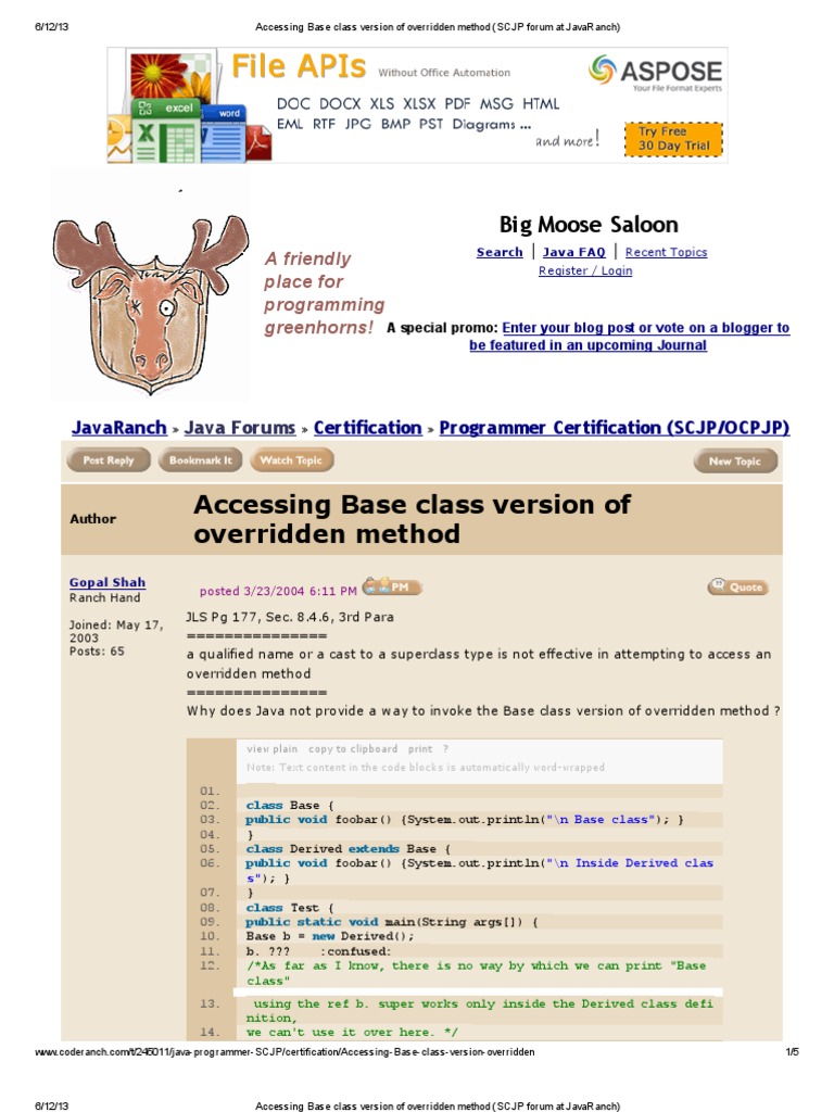 Accessing Base Class Version of Overridden Method (SCJP Forum at ...