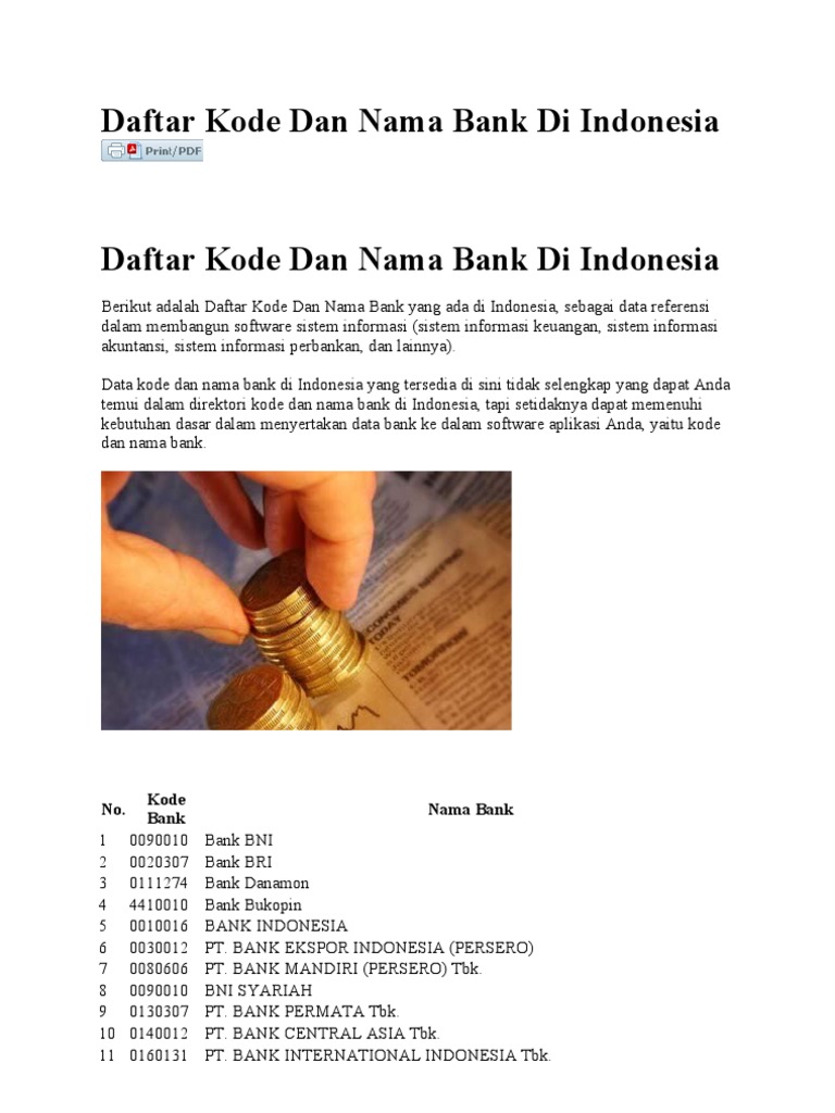 Daftar Kode Dan Nama Bank Di Indonesia | PDF