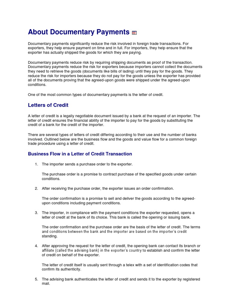 Letter of Credit About Documentary Payments | PDF | Letter Of Credit ...