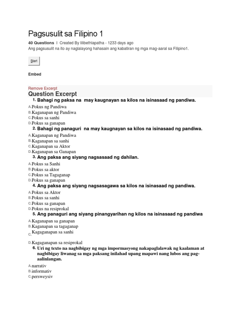 Pagsusulit Sa Filipino 1