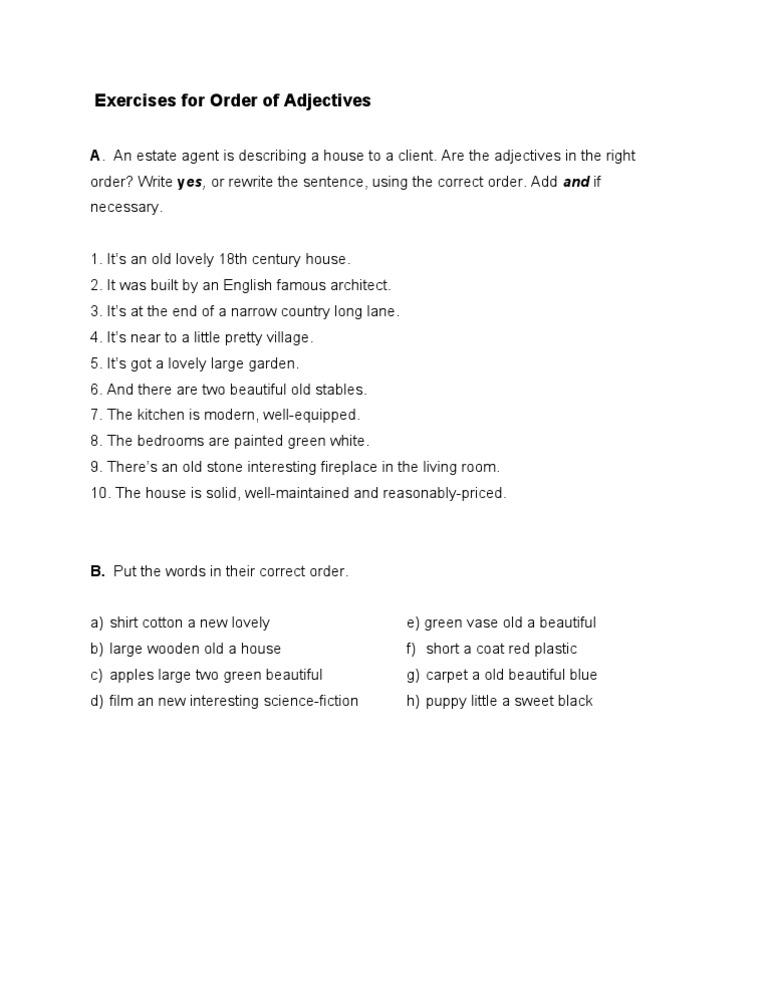 Order of Adjectives Exercises | PDF | Home & Garden