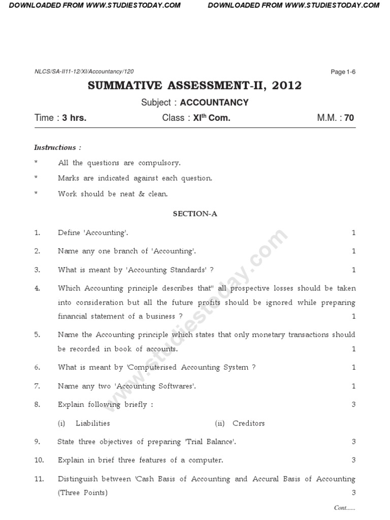 CBSE Class 11 Accountancy Question Paper SA 2 2012 PDF | PDF | Debits ...