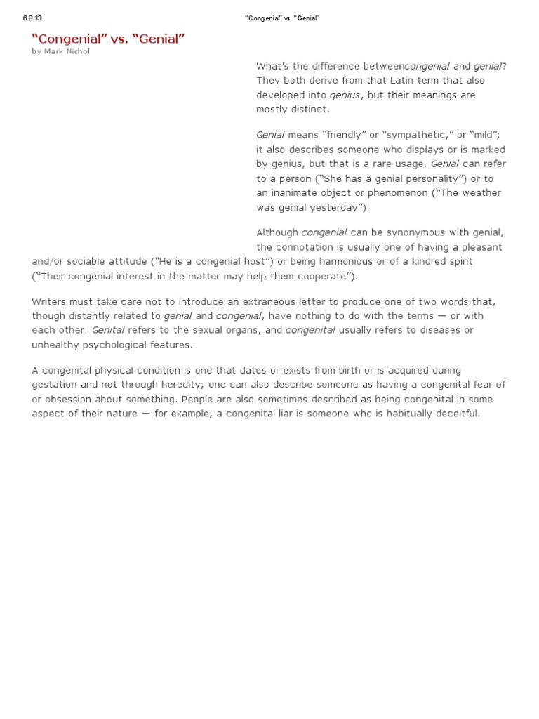 "Congenial" vs. "Genial": Genial Means "Friendly" or "Sympathetic," or "Mild" | PDF