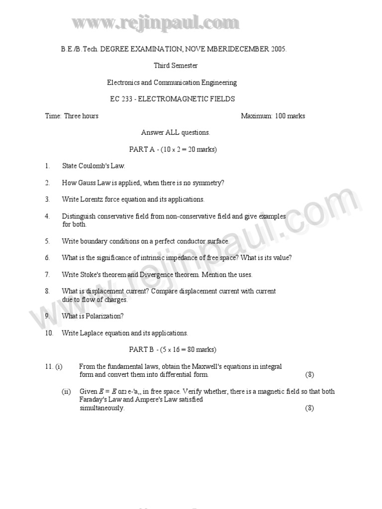 Electro Magnetic Theory Anna University Nov Dec Question Paper | PDF ...