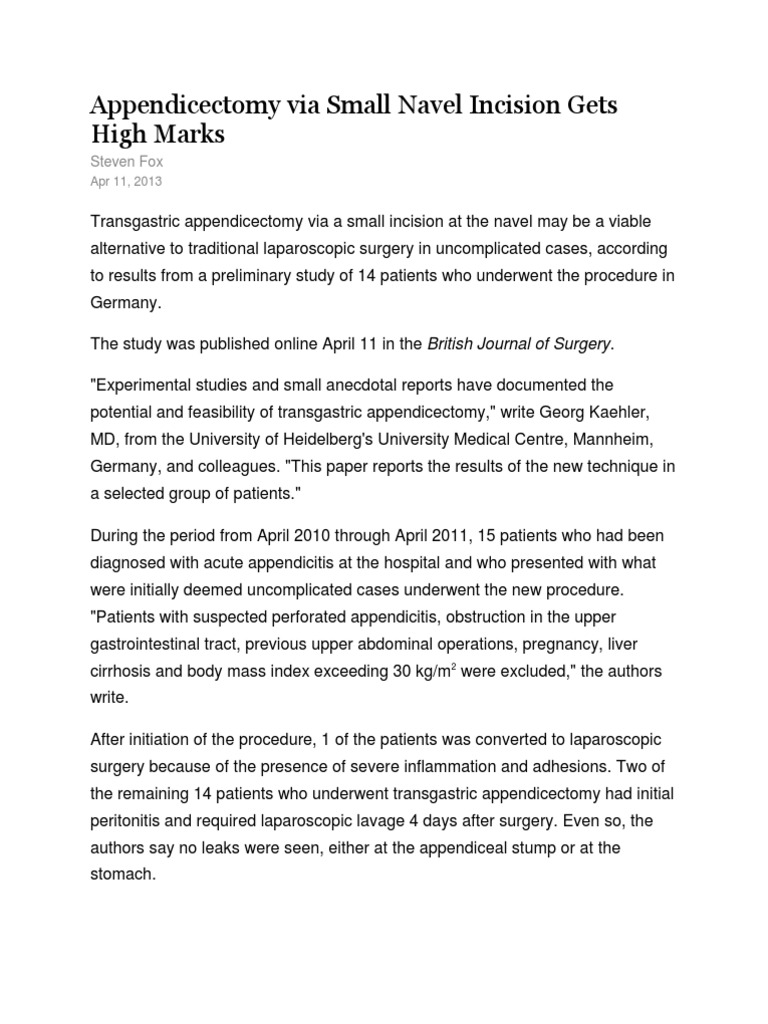 Appendicectomy Via Small Navel Incision Gets High Marks | PDF | Self ...