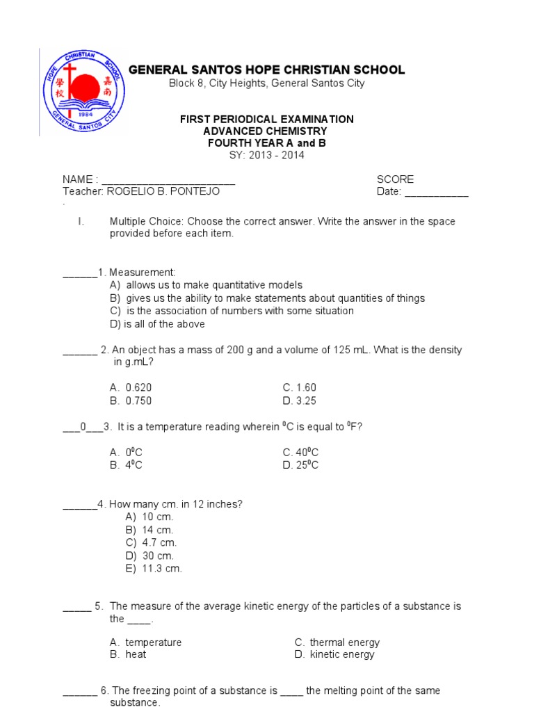 First Periodical Exam Chemistry 2 | PDF | Electron Configuration | Proton