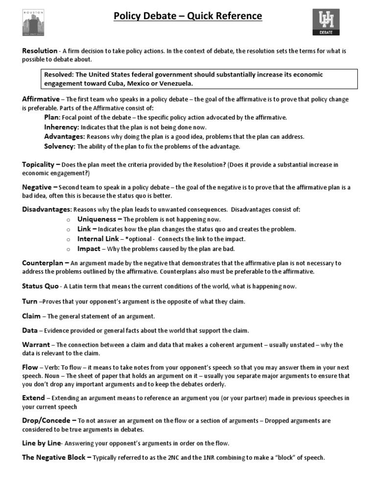 Debate Terms Cheat Sheet | PDF | Policy | Political Communication