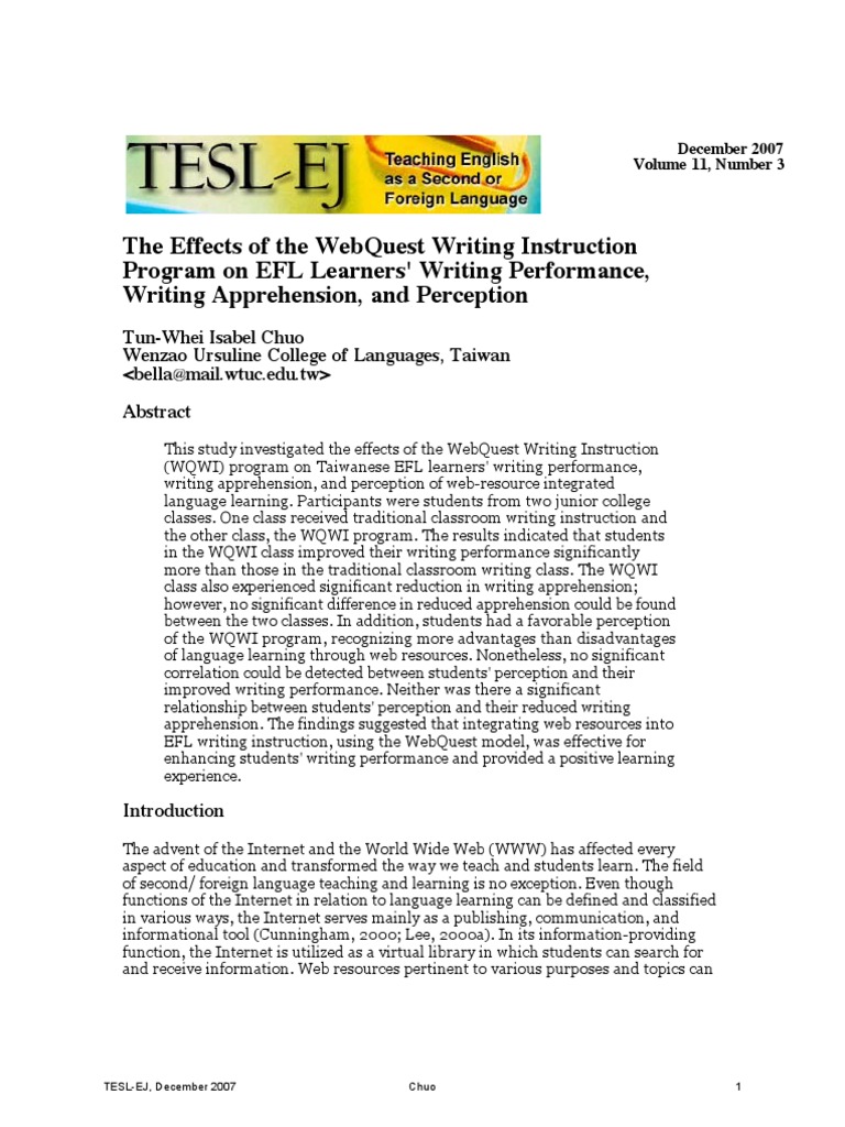 The Effects of The Webquest Writing Instruction Program On Efl Learners ...