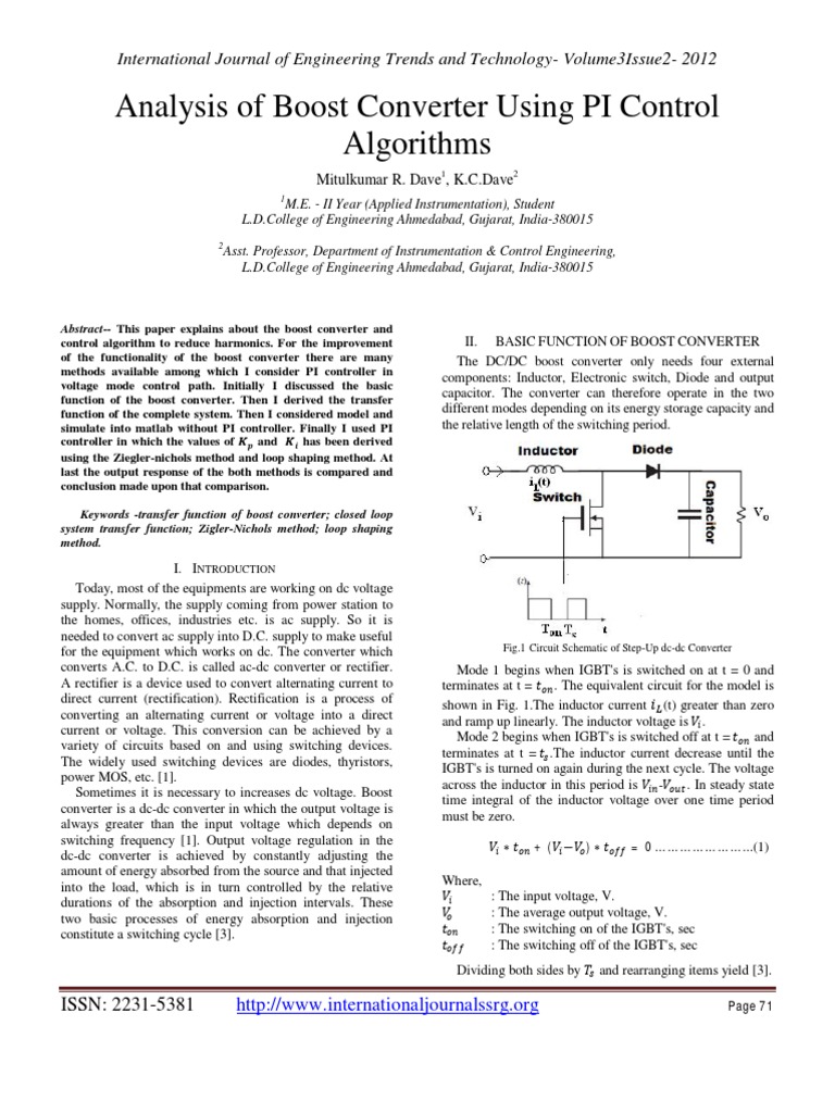 Analysis of Boost Converter Using PI Control Algorithms | PDF ...