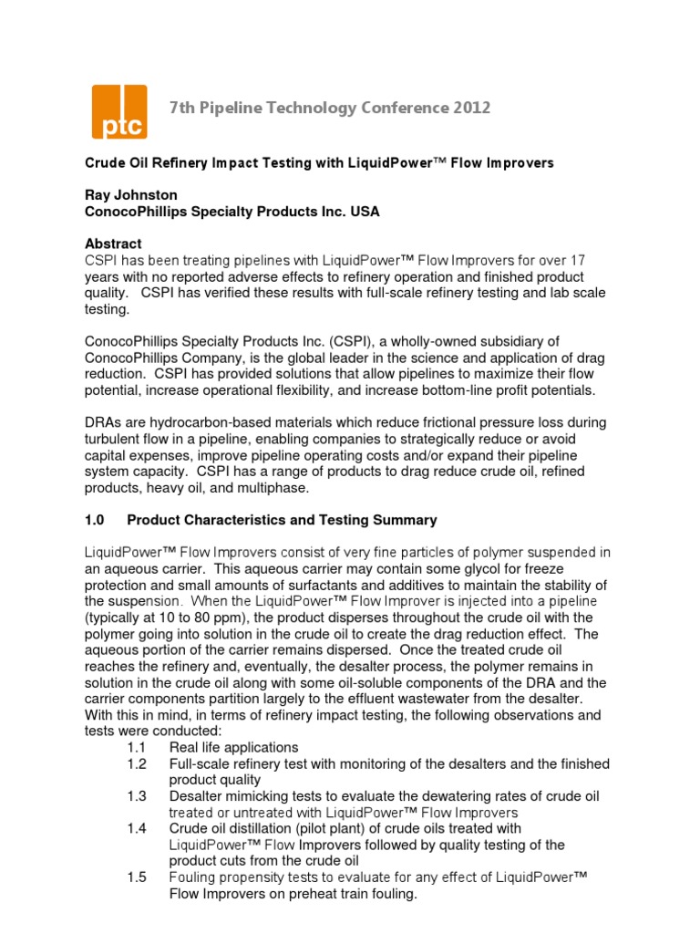 Pipeline Drag Reduction Technology and Impact To Refining and Quality ...