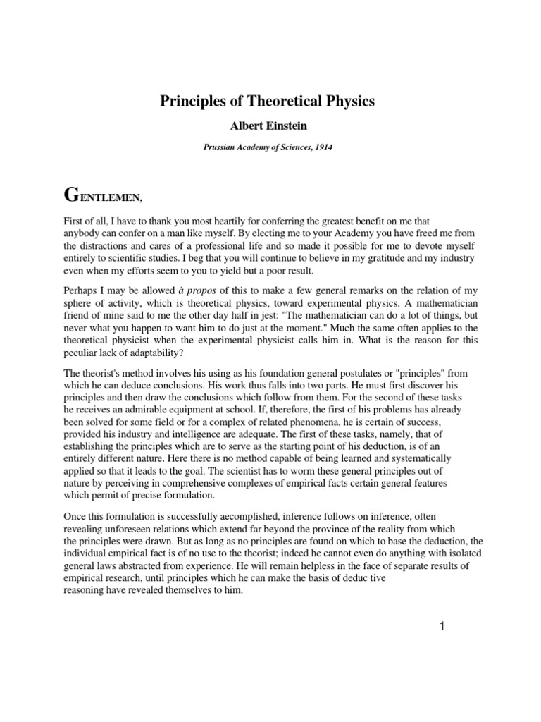 Albert Einstein - Principles of Theoretical Physics | PDF | Motion ...