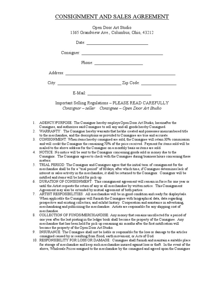 Consignment and Sales Agreement Between Open Door Art Studio and ...