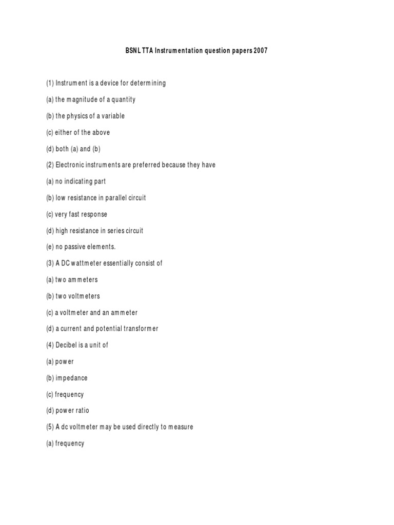 BSNL TTA Instrumentation Question Papers 2007 | PDF | Transformer | Inductor