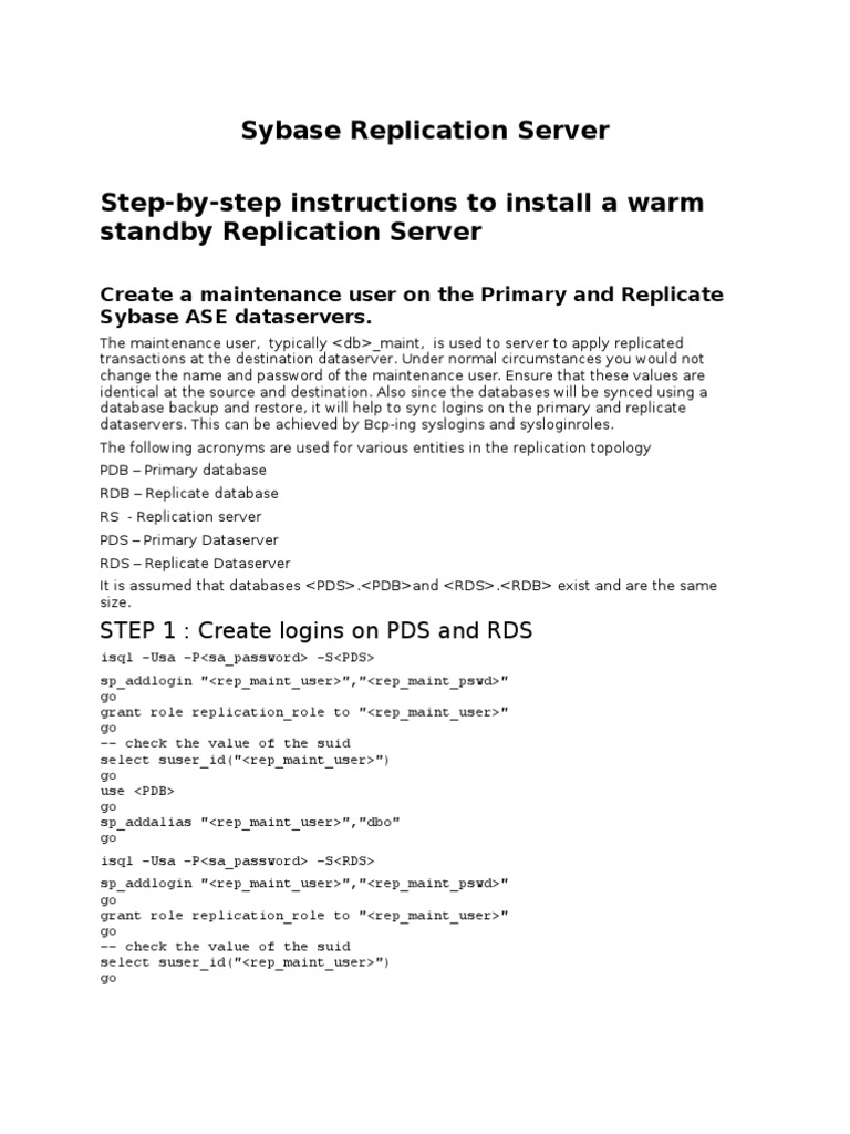 Sybase Replication Server - Warm Standby Setup | PDF | Data Management Software | Databases