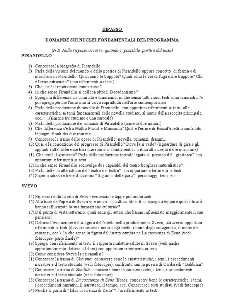 Domande Di Ripasso Pirandello Svevo Avanguardie | PDF
