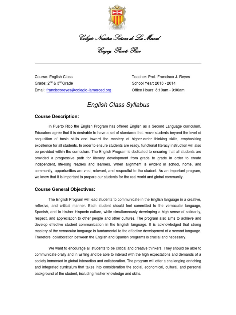 English Class Syllabus 2013-2014 (Second and Third Grade) | Literacy ...