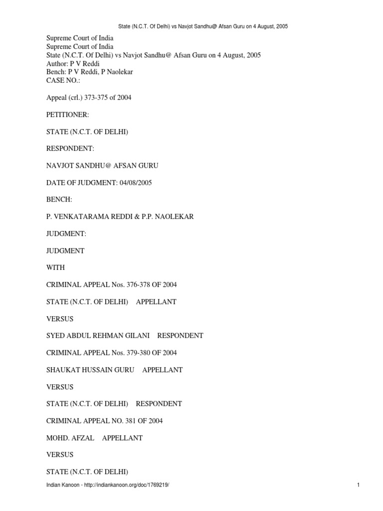 NCT Delhi vs Navjot Sandhu Judgment | PDF | Government Of India ...