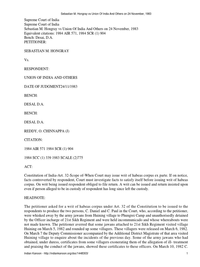 Sebastian M. Hongray Vs Union of India and Others On 24 November, 1983 ...