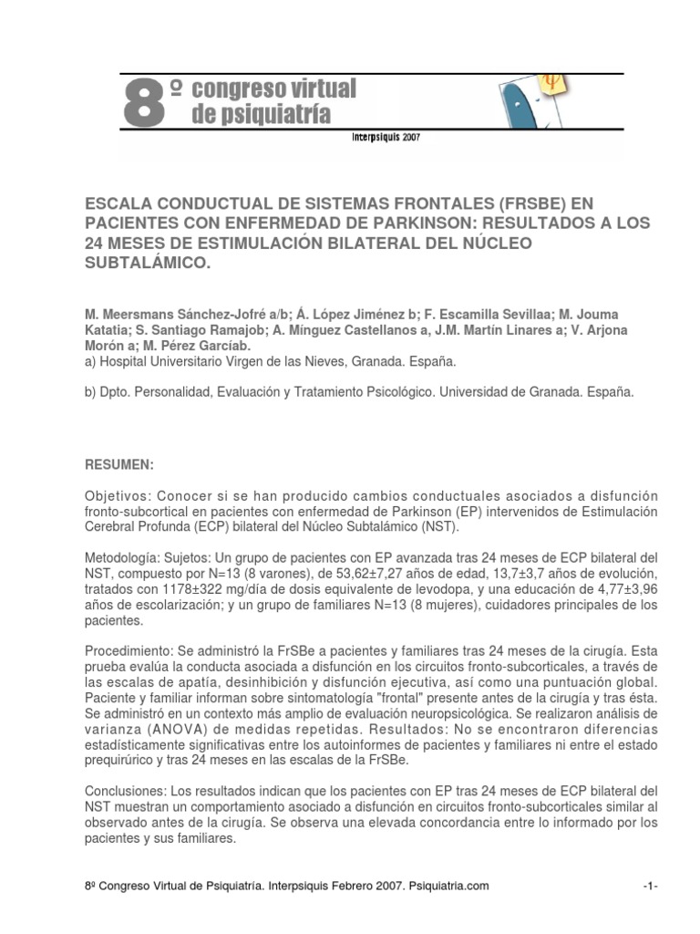 Escala Conductual de Sistemas Frontales (FRSBE) en Pacientes Con Enf ...