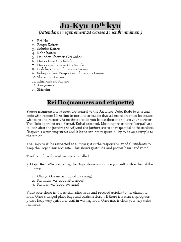 10th Kyu Karate Etiquette and Techniques | PDF | Combat Sports | East ...