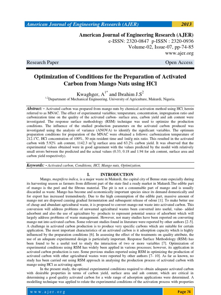 Optimization of Conditions For The Preparation of Activated Carbon From Mango Nuts Using HCL ...