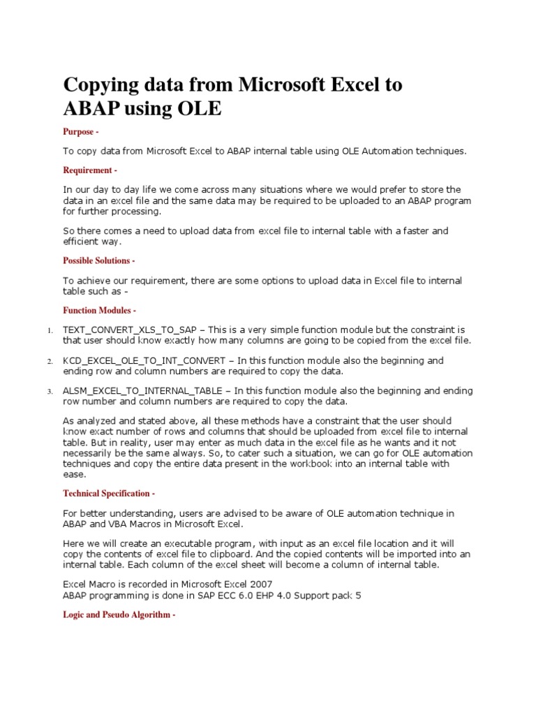 Copying Data From Microsoft Excel To ABAP Using OLE | Download Free PDF | Microsoft Excel ...