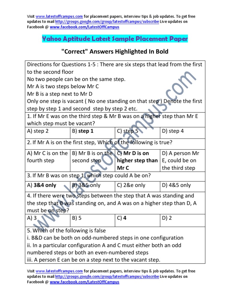 Yahoo Sample Aptitude Placement Paper | PDF | Teaching Mathematics ...