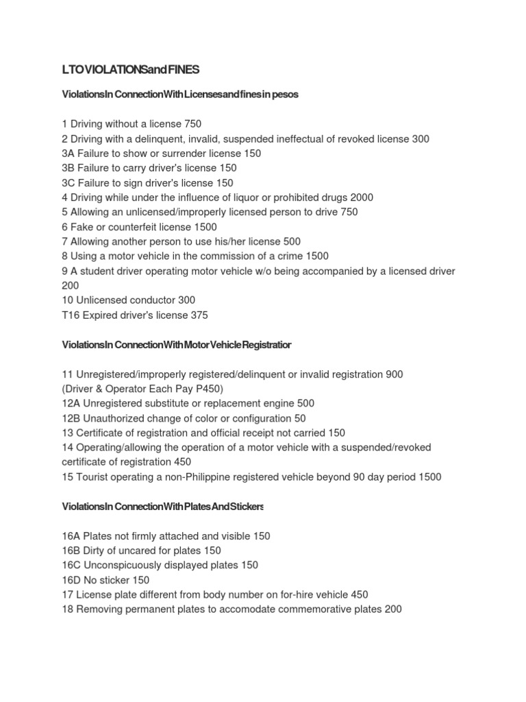Lto Violations and Fines | PDF | Traffic | Transport