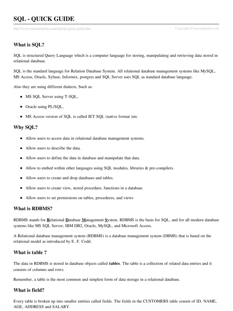 SQL Quick Guide: Basics & Syntax | PDF