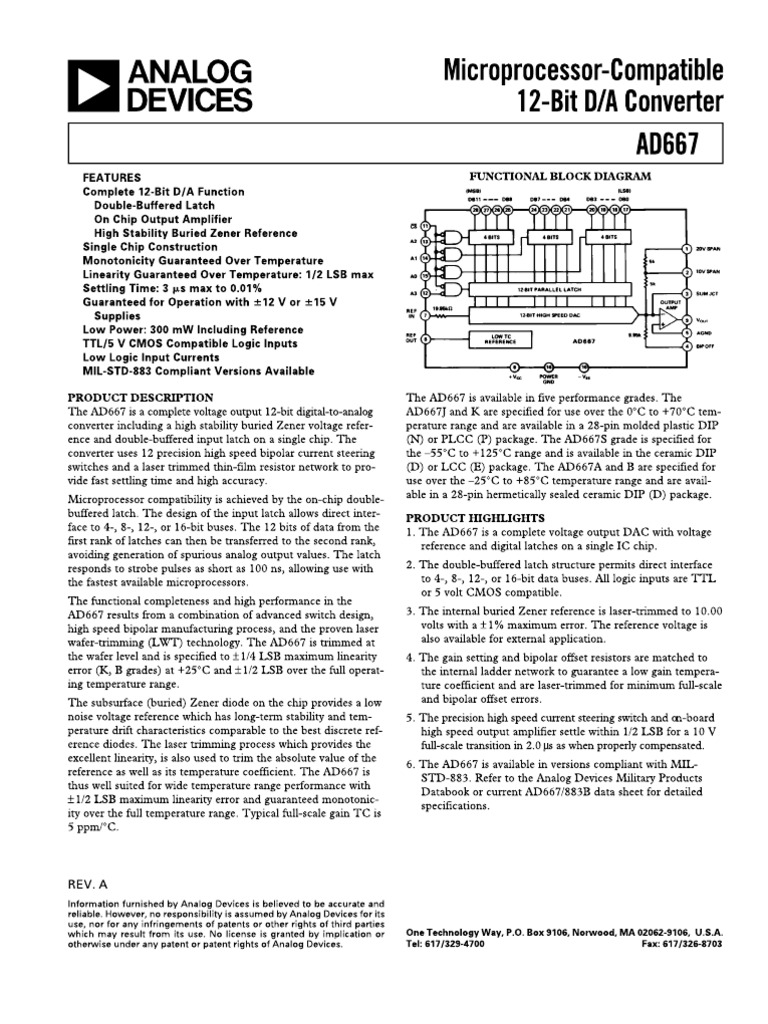 AD667 Microprocessor Compatible 12-Bit D-A Converter AD667 | PDF ...