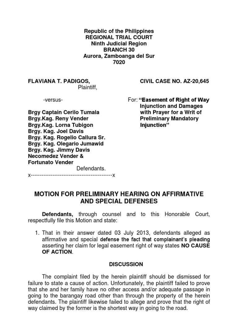 Motion for Preliminary Hearing on Defenses | PDF | Pleading | Easement