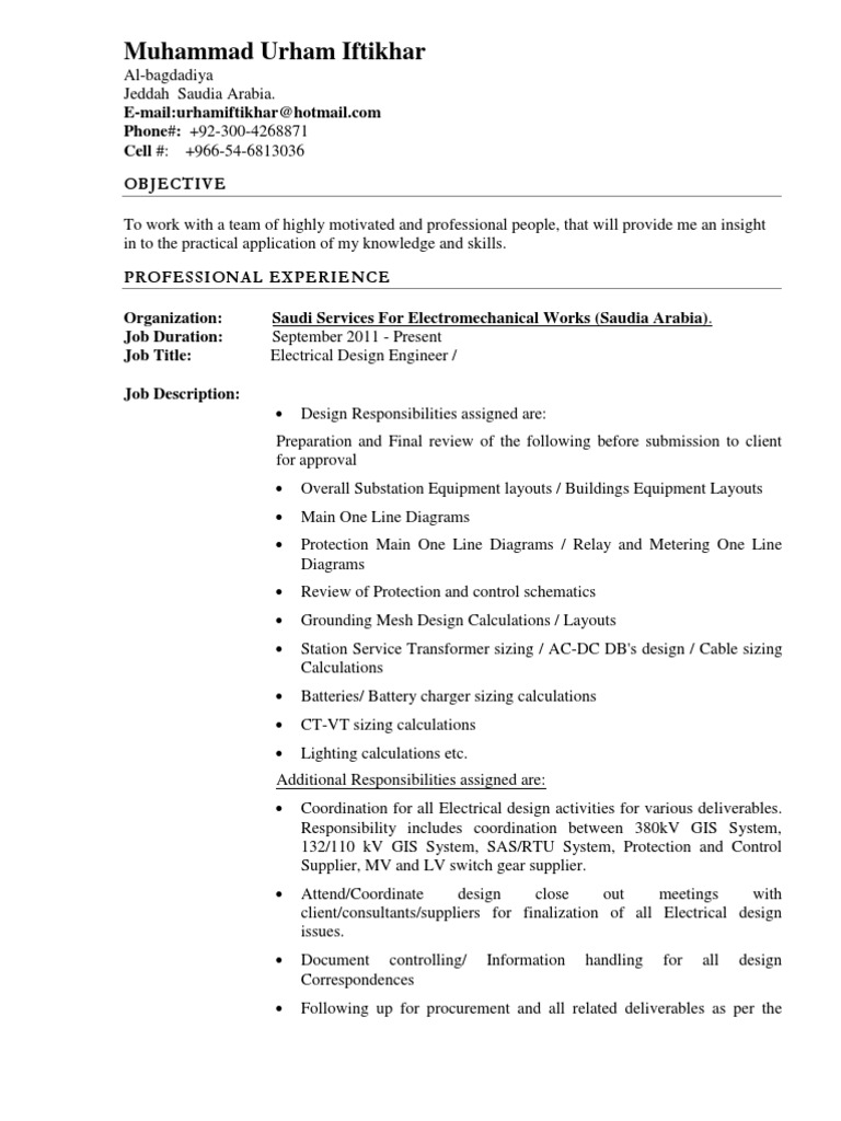 CV Urham Iftikhar Design Engr SS Ls PDF | PDF | Electrical Substation ...