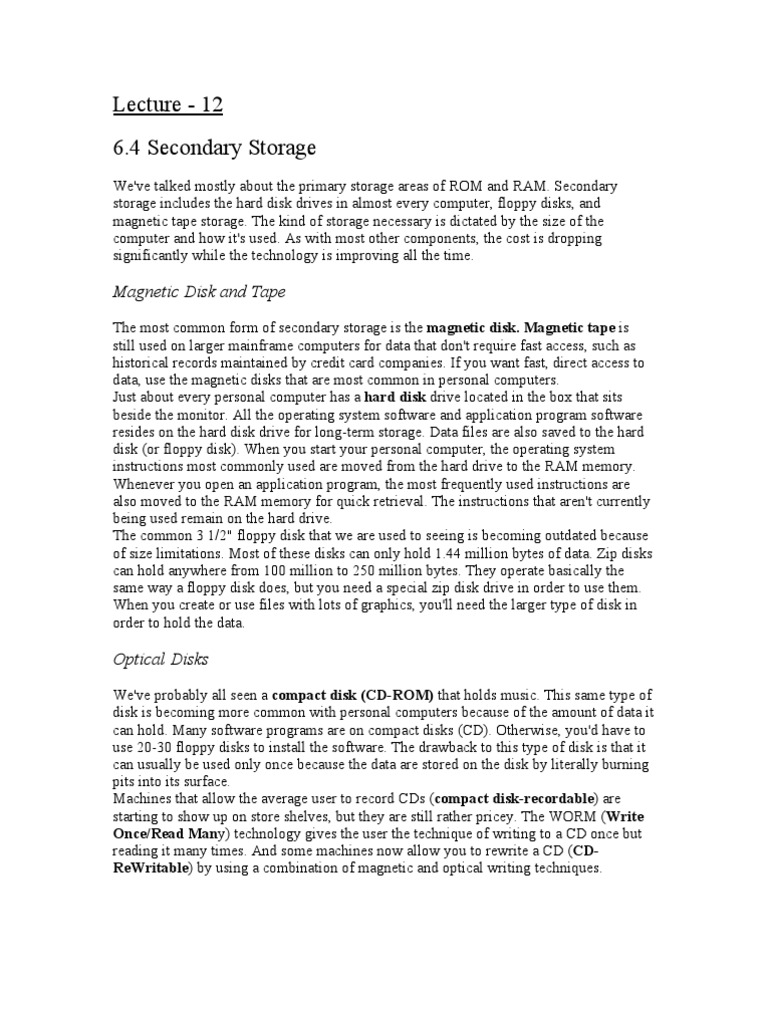 Lecture - 12 6.4 Secondary Storage: Magnetic Disk and Tape | PDF | Disk Storage | Computer Data ...