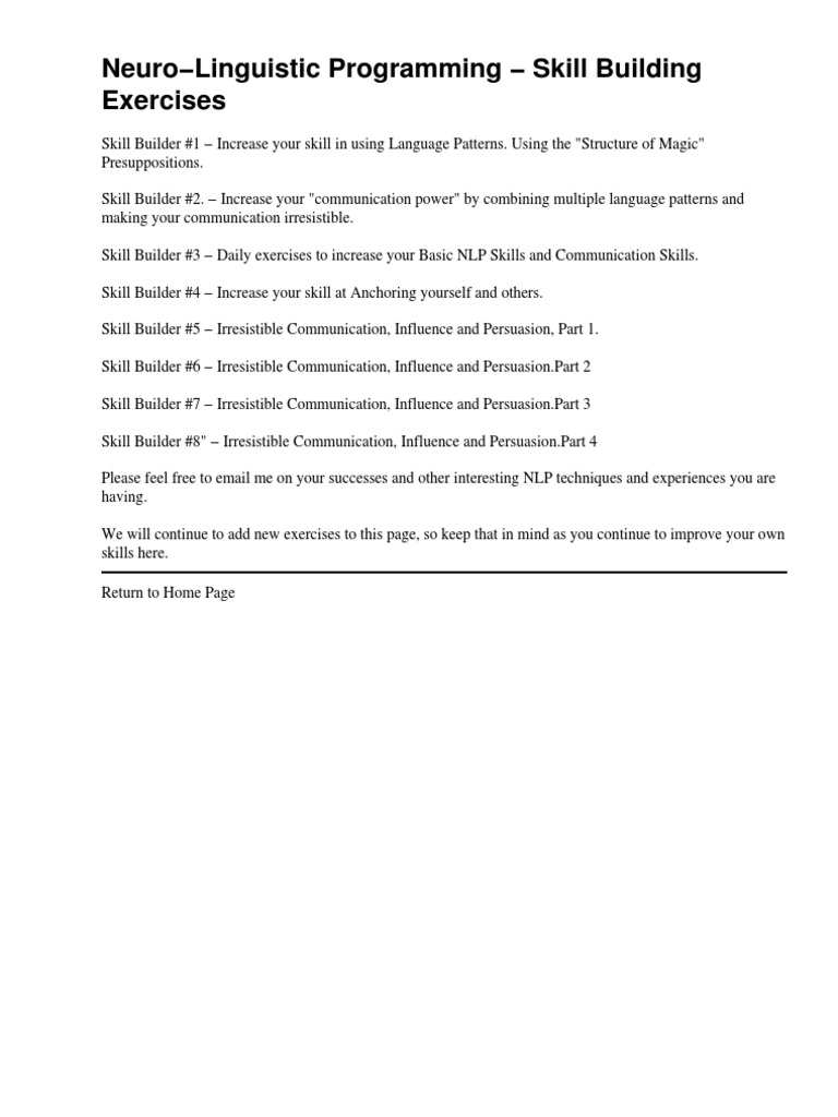 (Ebook - Info) - NLP - Skill Building Exercises | PDF | Neuro Linguistic Programming | Syntax