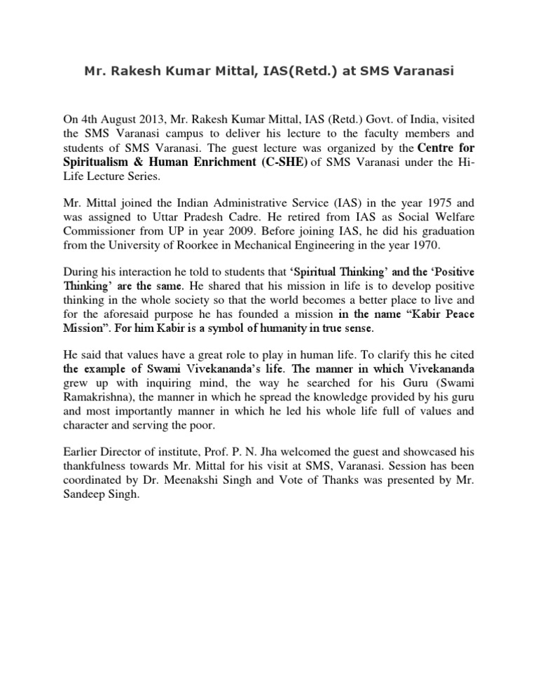 Mr. Rakesh Kumar Mittal, IAS (Retd.) at SMS Varanasi | PDF