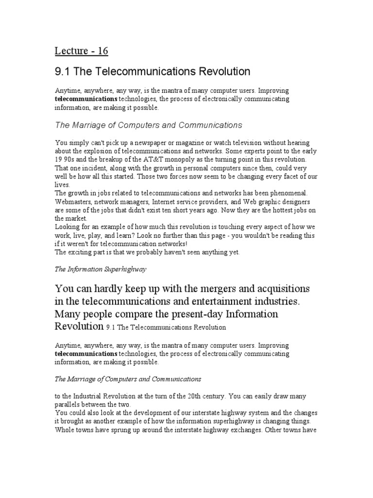 Lecture - 16 9.1 The Telecommunications Revolution: The Marriage of Computers and Communications ...