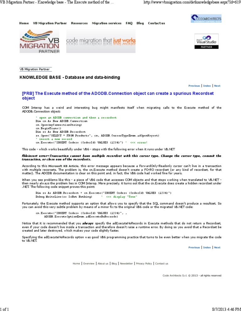 VB Migration Partner - Knowledge Base - The Execute Method of The ADODB ... VB Migration Partner - Knowledge Base - The Execute Method of The ADODB ...