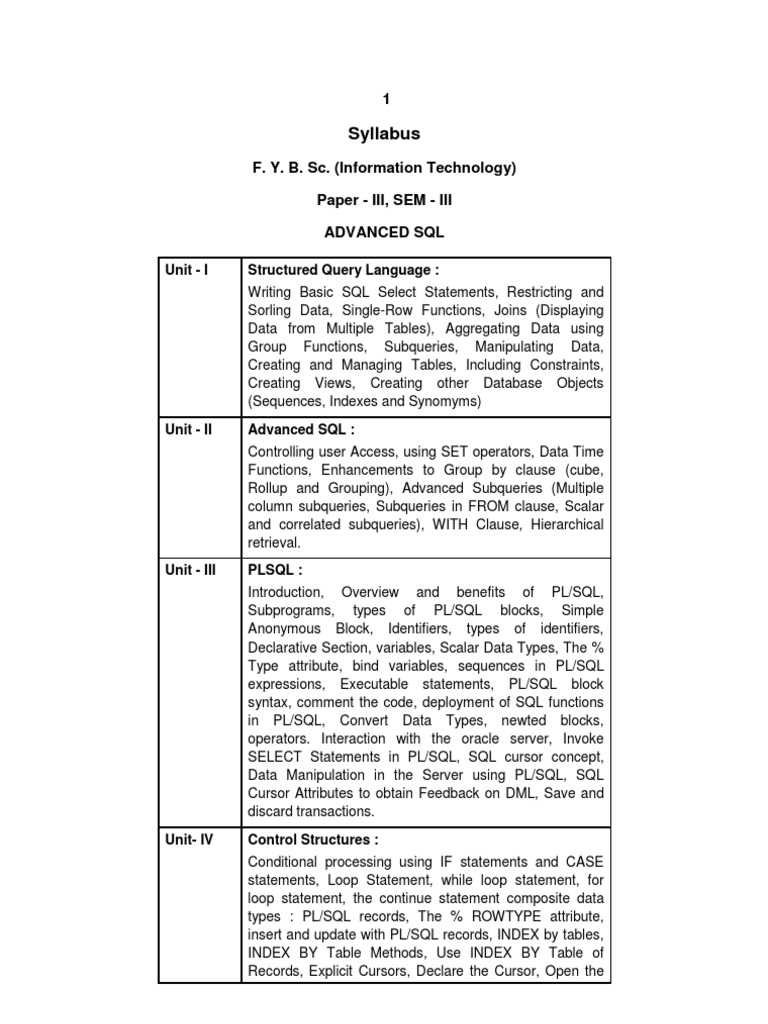 Advanced SQL and PL/SQL Syllabus | PDF | Sql | Relational Database